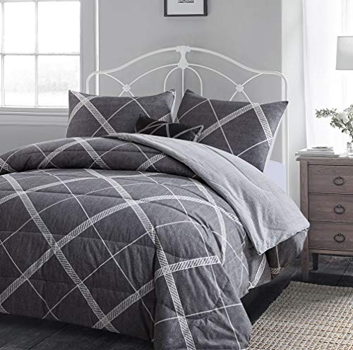 ATsense Comforter Set Queen, All Season 3-Piece 100% Cotton Fabric, Soft Microfiber Filled Bedding, Lightweight Reversible Duvet Insert (Grey&White, MY005)