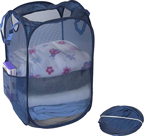 2 Pack - SimpleHouseware Mesh Pop-Up Laundry Hamper Basket with Side Pocket, Dark Blue