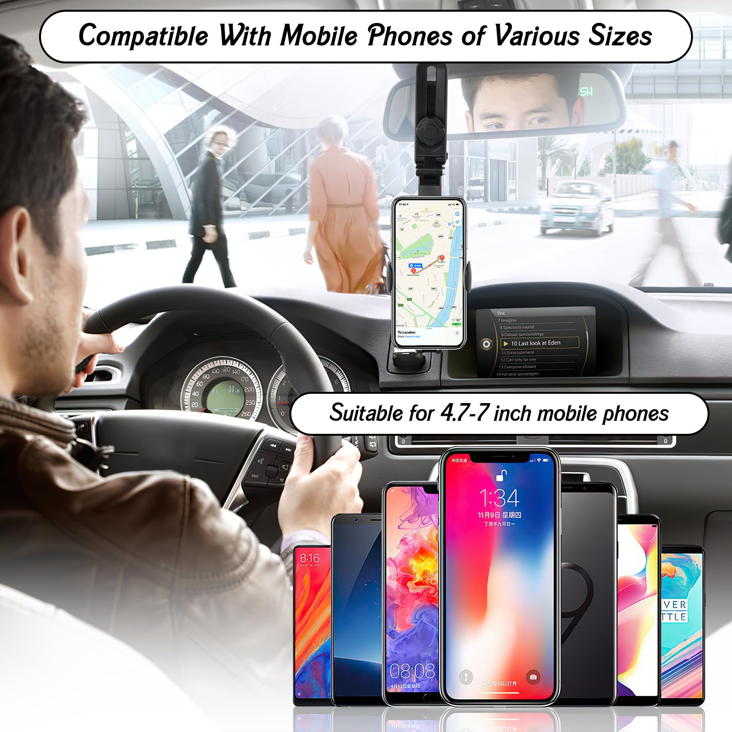 1080°Rotatable and Retractable Car Phone Holder,Sun Visor Phone Holder for Car,Multifunctional Rear View Mirror Phone Holder,Foldable 360 Rotating Cell Phone Mount for All Mobile Phones (Gray)