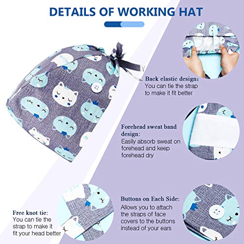 6 Pieces Scrub Caps with Buttons Women Working Cap Adjustable Sweatband Bouffant Hats (Cute Animals)