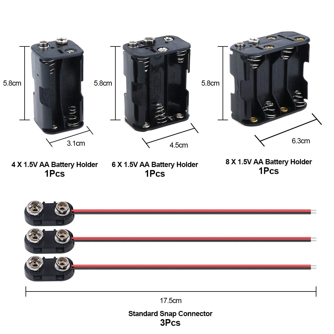 3Pcs 4/6/8 X 1.5V AA Battery Holder with Standard Snap Connector