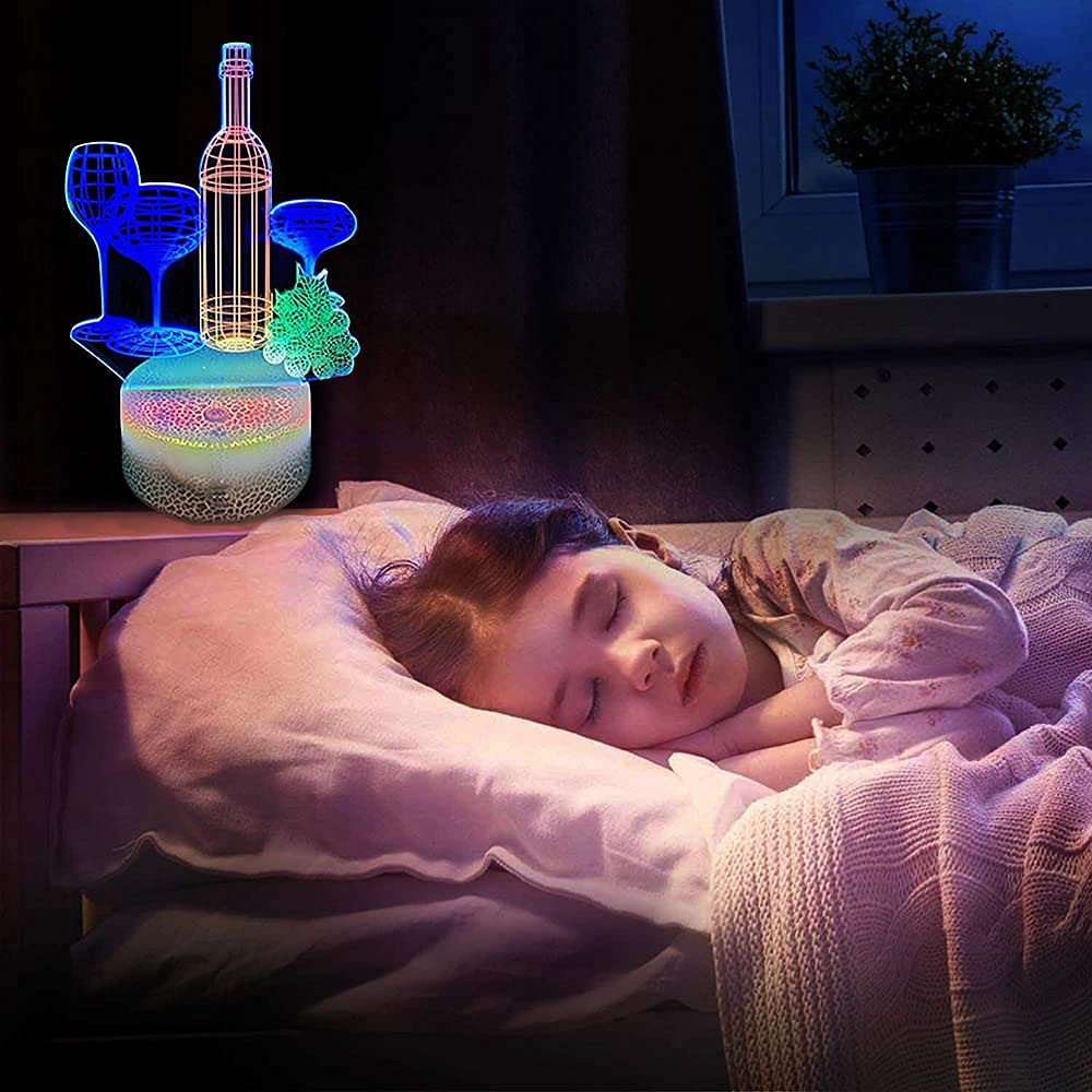 3D Night Light Wine Cup Bottle Optical Illusion Lamp Creative Gift Visual Lamp Dynamic Touch LED Three Colorful Bedroom Decorations Chirstmas Festival Birthday Valentines Day Desk Lamp