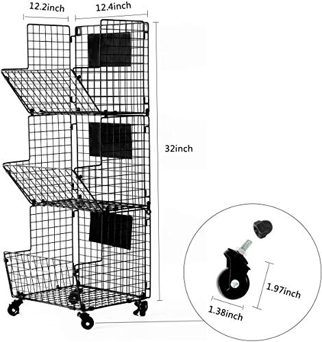 3 Tier Rolling Toy Organizer Basket - Wire Kids Toy Storage with Wheel, S-Hooks, Adjustable Chalkboards - Toy Storage Cart Wall Bookshelf for Kids Room, Playroom, Bedroom