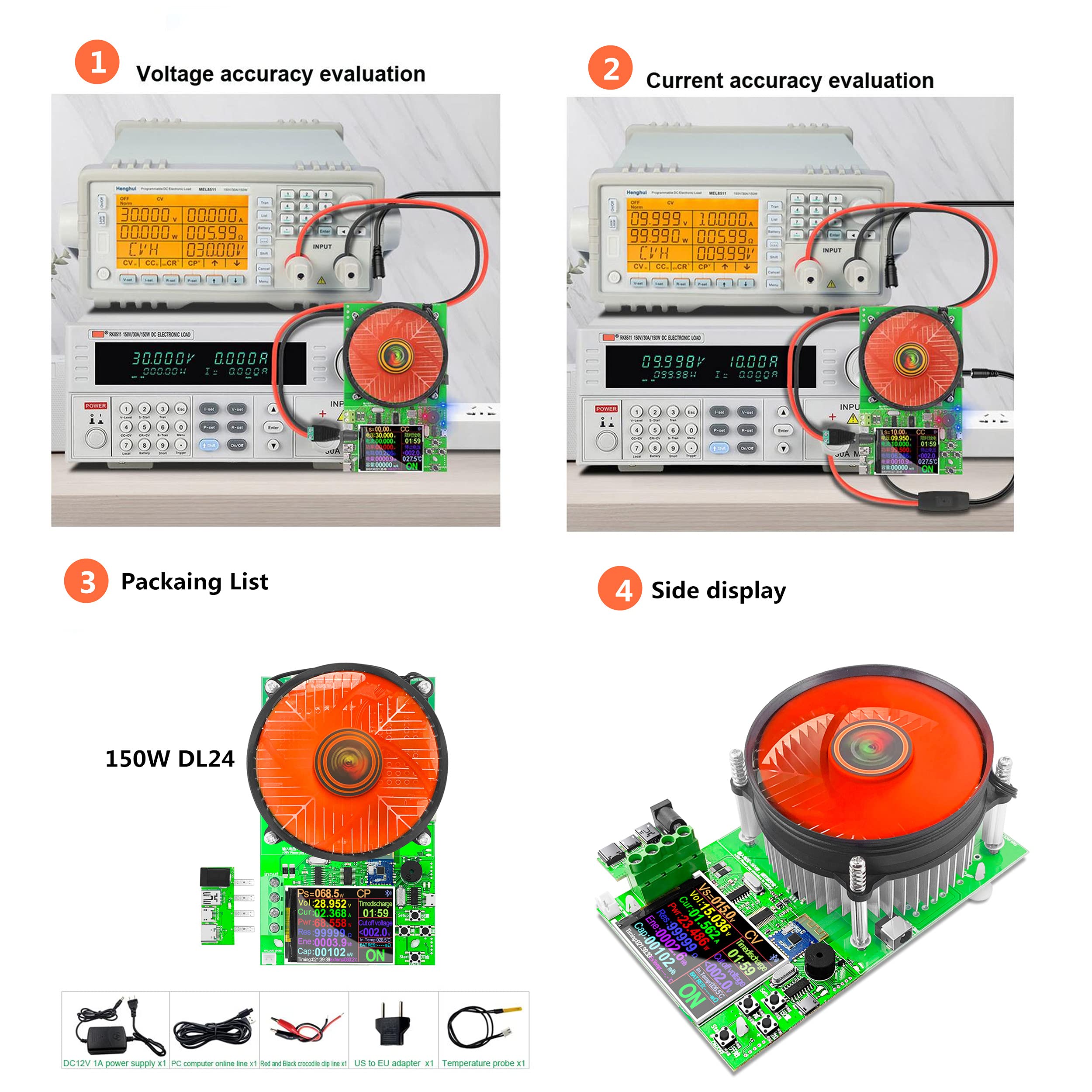 150W 4-Wire Electronic Load Tester 2.4 inch DC Tester APP Electronic Adjustment Constant Load Lithium Battery Capacity Monitor Discharge Charge Power Meter Supply Checker