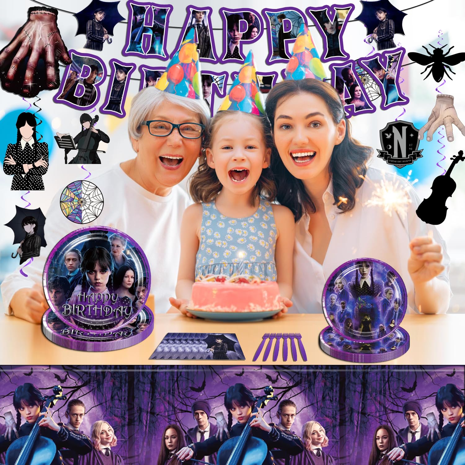 111pcs Happy Birthday Decorations Tableware Pack, includes Birthday Banner, Hanging Swirls, Foil Balloon, Plates, Napkins, Fork, Tablecloth, Happy Birthday Party Supplies