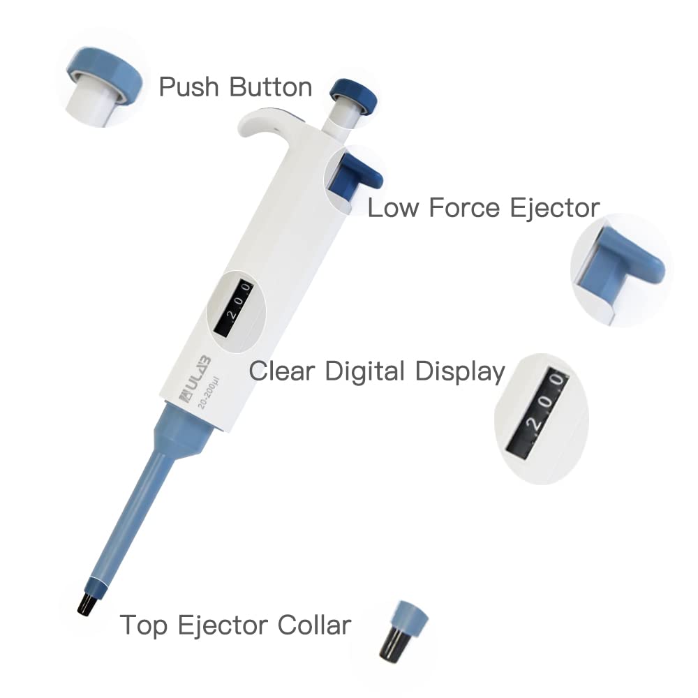 ULAB Single Channel Pipettor with Pipette Tips Offered, 1pc of Adjustable Volume Micro Pipette with Vol.Range.20-200μl, 1000pcs of Vol.200μl Pipette Tips in Yellow Color, ULH1020