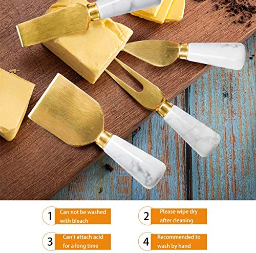 4PCs Gold Cheese Knife Set, Marble Cheese Butter Spreader Cutter with Ergonomic Ceramic Handle for Bread, Stainless Steel Cheese Shaver and Fork for Kids, Birthday, Wedding, Anniversary(Gold)