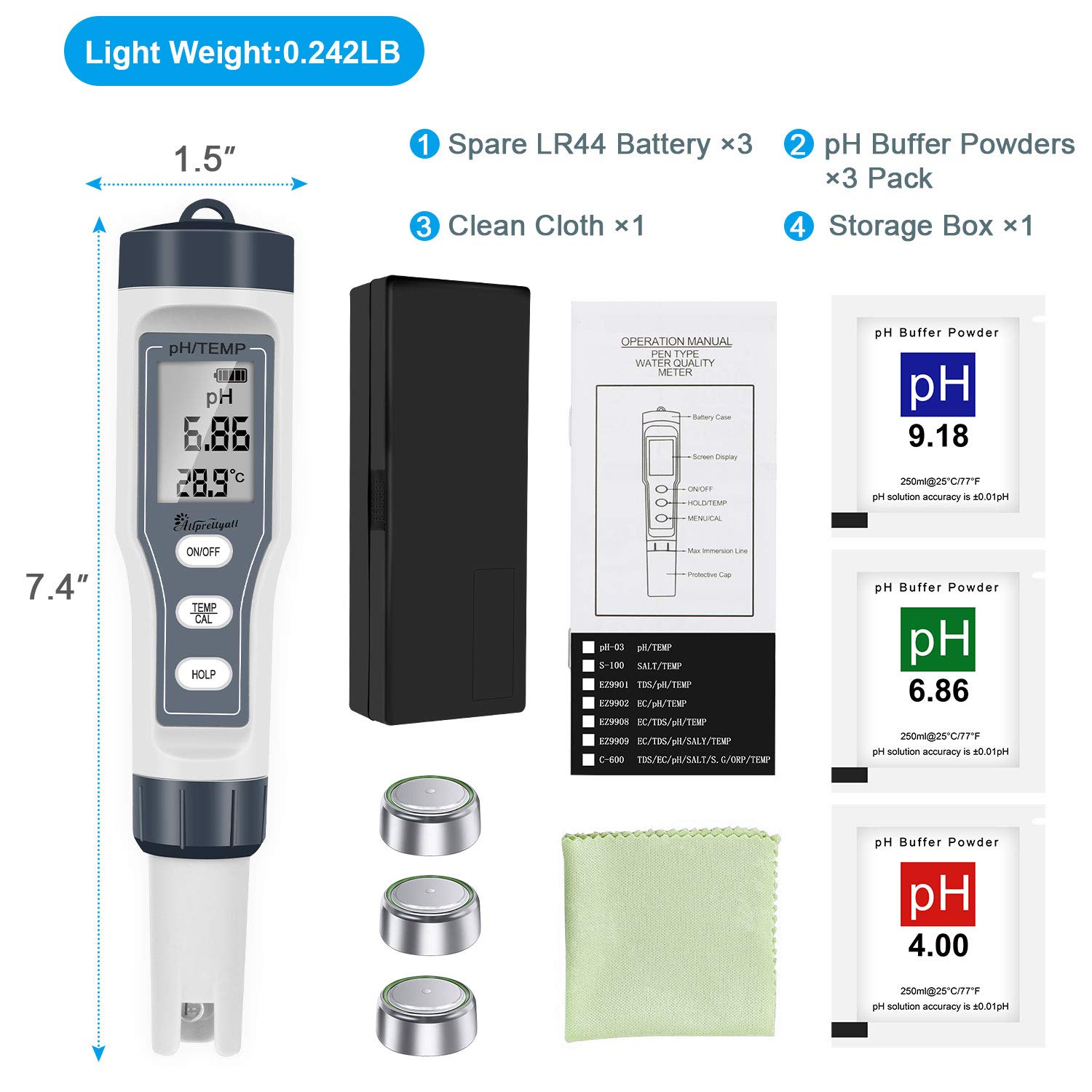 Allprettyall Digital PH Meter for Water PH Tester 0.01 PH High Accuracy Water PH and Temp Tester with Lock Reading Function for Drinking Water, Food Processing, Lab, Hydroponics, Aquarium …