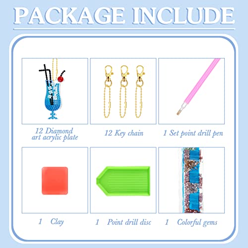 12 Pcs Drinks Diamond Painting Keychain Kits Crystal Drinks Diamond Painting Ornaments Summer Full Diamond Drinks Keychain Summer DIY Diamond Art Keychains for Adults Kids Purse Backpack Handbag