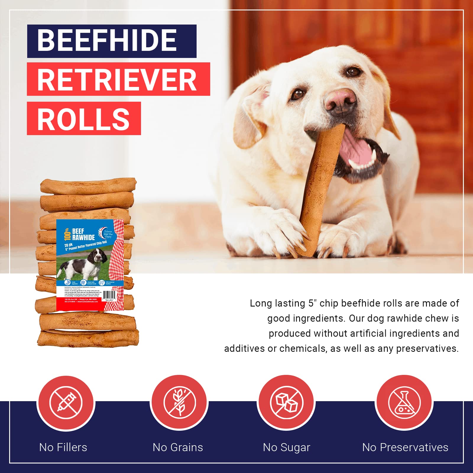 American Made Treat Co - Dog Treats, Peanut Butter Flavor Beef Rawhide Chip Rolls, Puppies to Seniors, Dental Dog Bone Alternative - 5β Rolls - 20 Pack