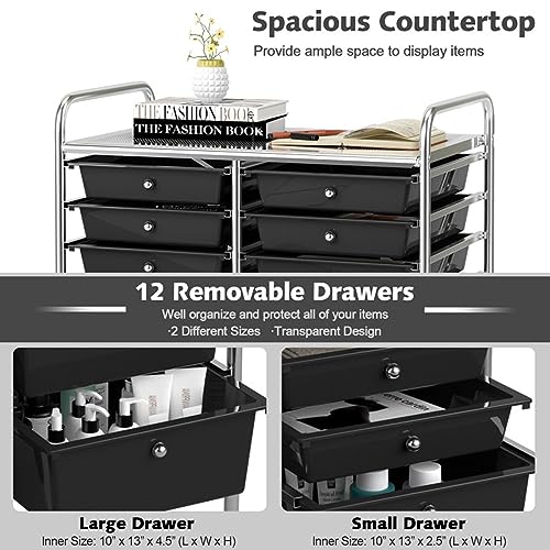 12-Drawer Rolling Storage Craft Cart and Organizer - Rolling Organizer Cart Tools and 4 Universal Casters (Black)