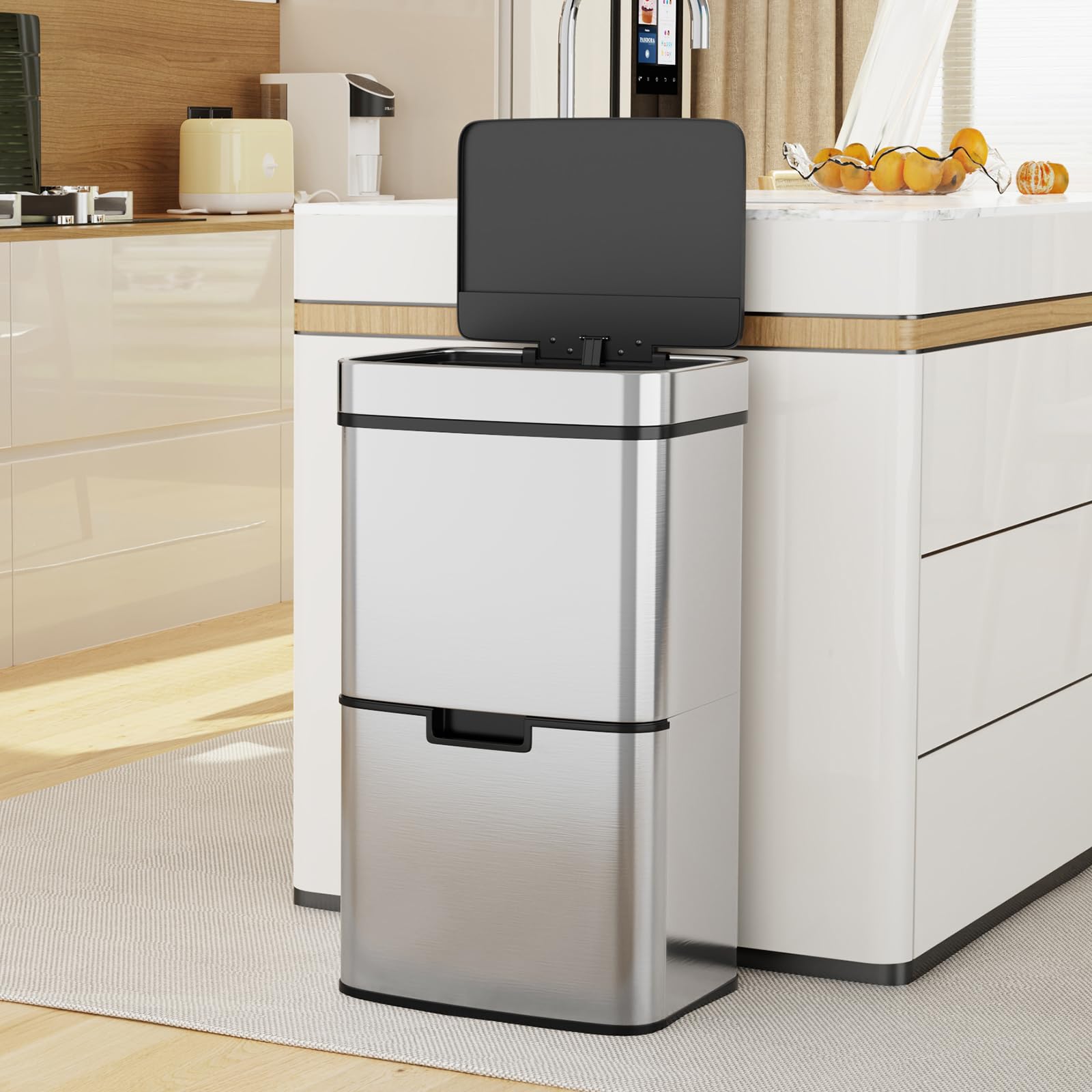 16 Gallon Stainless Steel Kitchen Separation Trash Can with Smart Automatic Motion Sensor Lid and Removable Dual Compartment Plastic Inner Buckets, Easy Kitchen Garbage Separation and Recovery, Silver