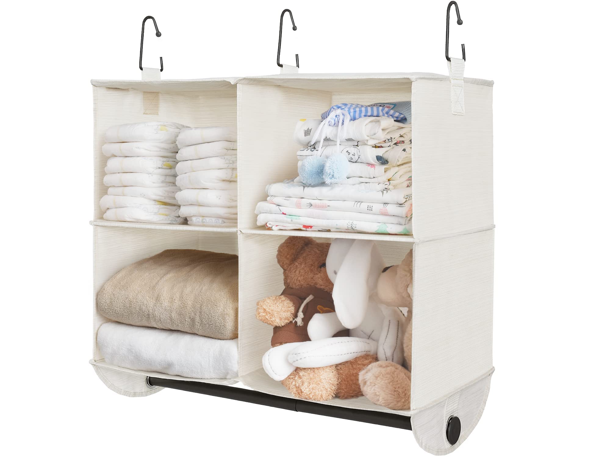 StorageWorks Hanging Closet Organizer with Garment Rod, 4 Section Closet Hanging Shelves, Hanging Clothes Cube Organizer, White & Ivory, 12 Ÿ" D x 24 ½" W x 28" H