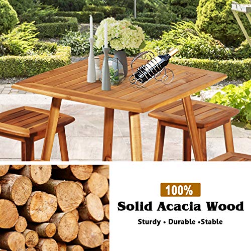 Tangkula 5 Piece Wood Patio Dining Set, Outdoor Dining Furniture w/Square Table & 4 Stools, Garden Conversation Dinging Set for Porch, Backyard, Balcony, Poolside, Reddish Brown