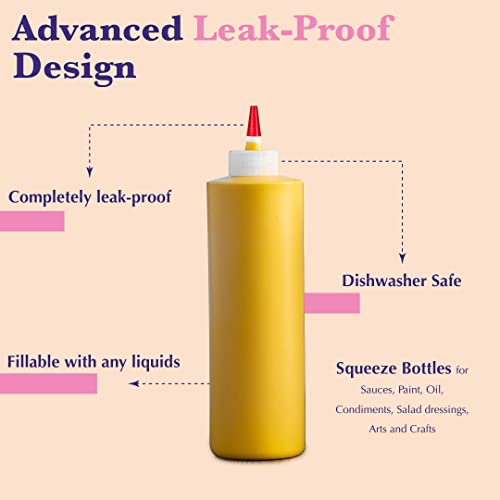 6-pack Premium Plastic Condiment Squeeze Squirt Bottles for Sauces, Paint,Oil, Condiments,Salad Dressings, Arts and Crafts - Food Grade-Includes Funnel, Erasable Marker and Reusable Labels (16 oz)