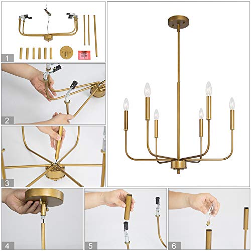 LOG BARN Gold Chandelier, Brass Chandelier for Dining Room, Gold Light Fixtures for Sitting Room, Bedroom, 6-Light, 22.5β Dia