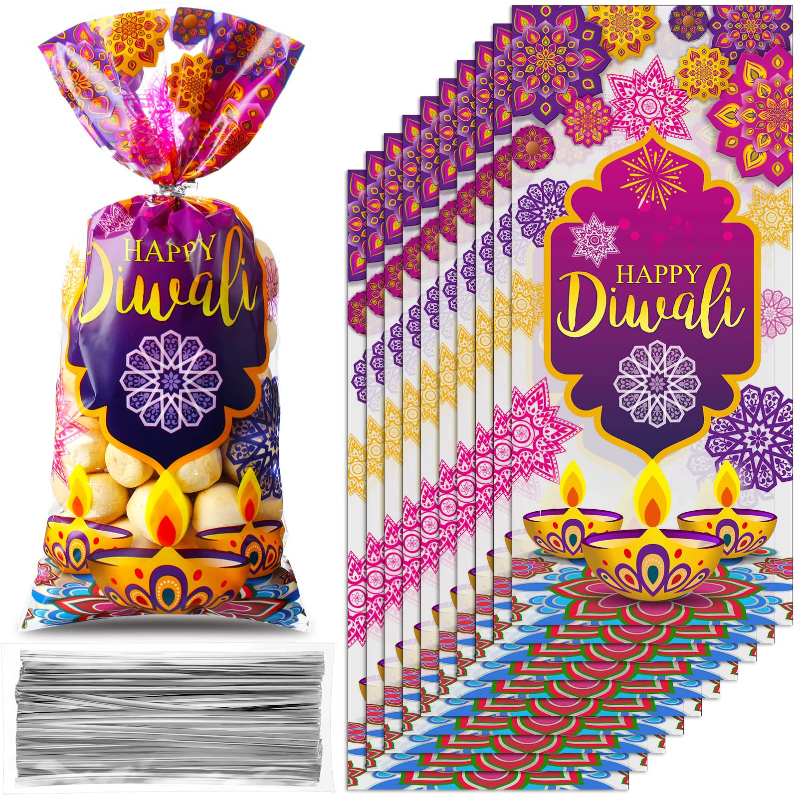 100 Pieces Happy Diwali Party Favor Bags, Festival of Lights Gift Candy Bags with Twist Ties Cellophane Plastic Treat Goodie Bags for Diwali Party, Indian Lights celebration Party Supplies Decoration
