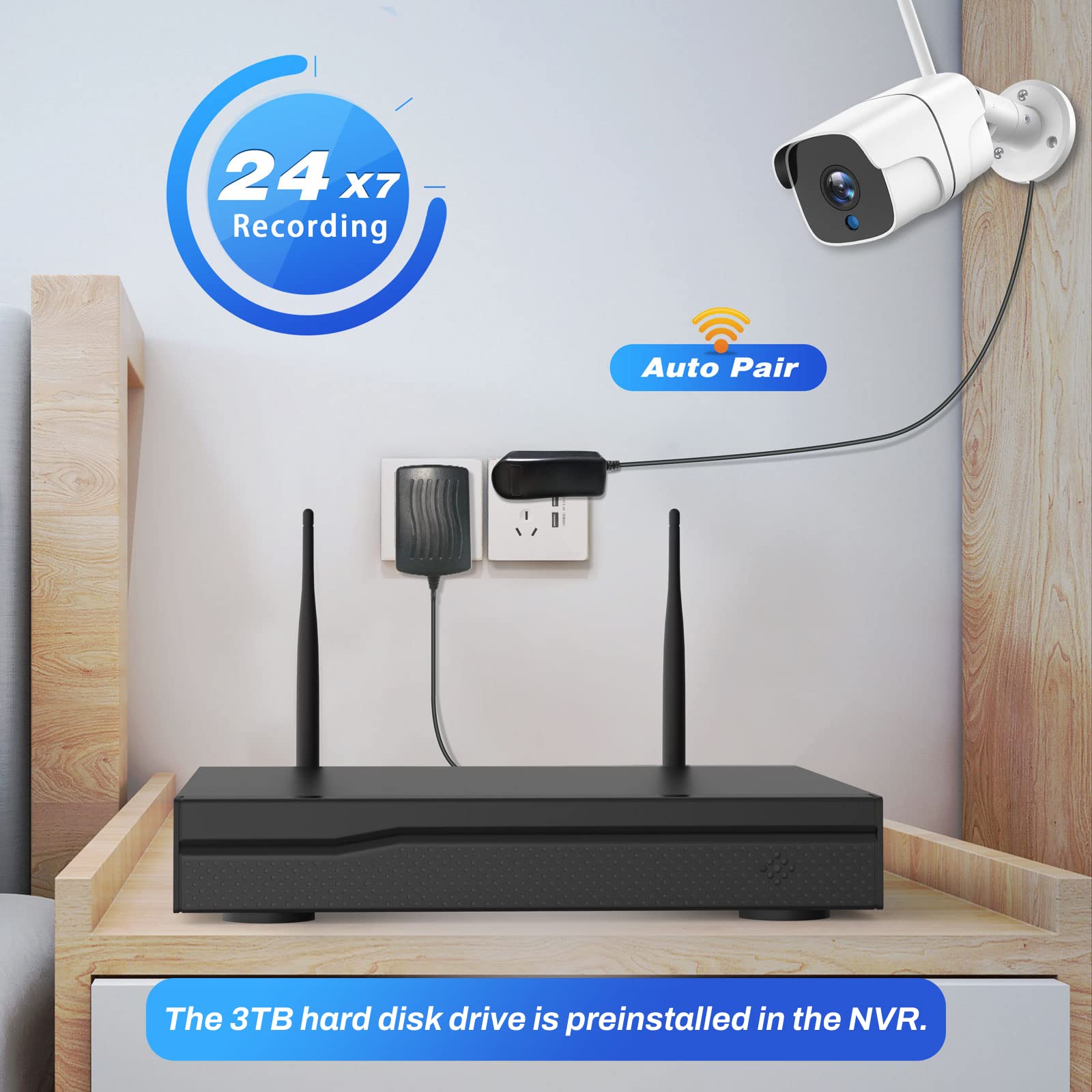 1080P Wireless Home Security Camera System with 3TB Hard Disk Drive, 4 x 2MP Outdoor Bullet Cameras + 8CH NVR, CCTV Camera Set for 24/7 Record, Plug & Play, Remote Control, IP66 Waterproof