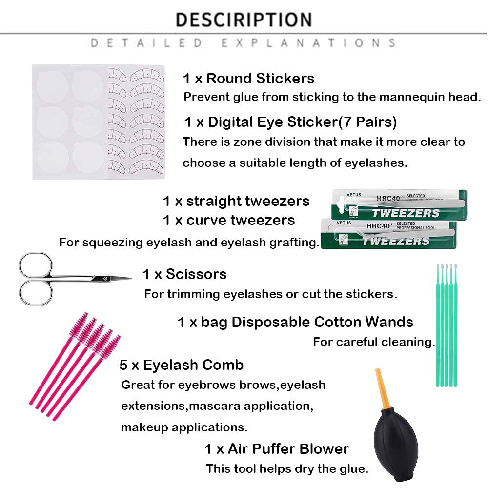 19pcs False Eyelashes Extension Practice Exercise Set, Professional Flat Mannequin Head Lip Makeup Eyelash Grafting Training Tool Kit for Makeup Practice Eye Lashes Graft White-with Glue