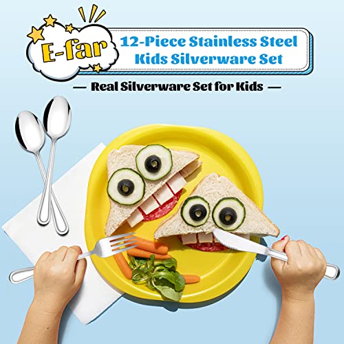 12-Piece Kids Silverware, E-far Stainless Steel Toddler Kids Utensils Safe for Preschooler/Children, Includes 4 Forks 4 Spoons 4 Knife, Slimline Adult Look & Small Size, Rust Free & Dishwasher Safe