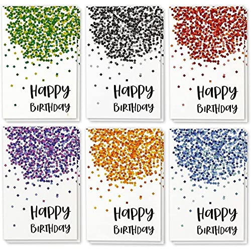 48 Pack Birthday Cards Bulk, 6 Assorted Confetti Designs with Envelopes, 4x6