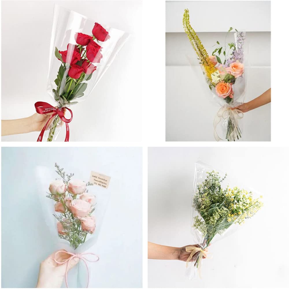 100 Pcs flower packaging transparent bag,flowers bouquet sleeve transparent cellophane Suitable for flower shop, shopping mall flower packaging (15X8)