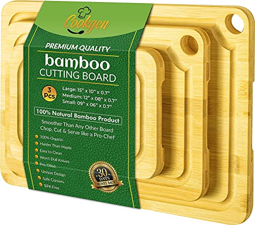 Bamboo Cutting Board Set of 3, Cutting Boards in Large, Medium & Small Size, Organic Wooden Cutting Boards for Kitchen, Vegetable & Meat Cutting Board, Cutting Board With Juice Groove & Handles