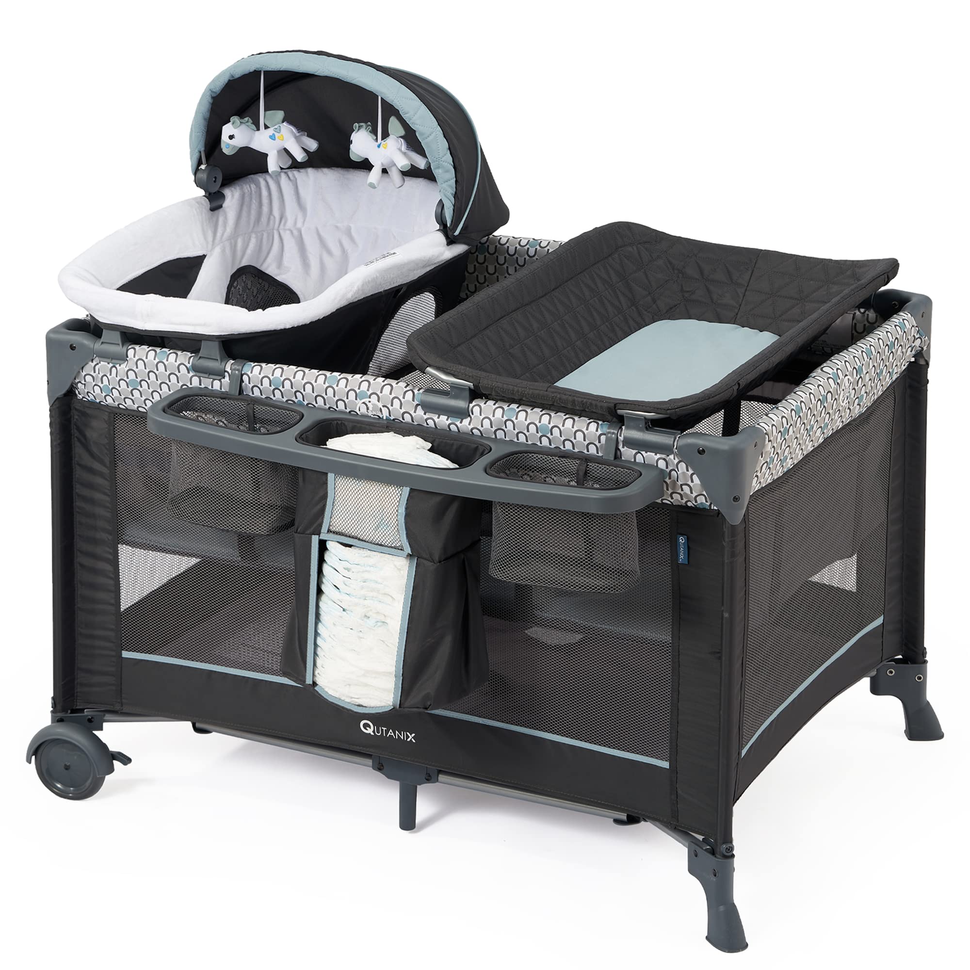5 in 1 Multifunctional Pack and Play,Qutanix Foldable Baby Crib with Bassinets,Changing Table,Newborn Napper with Canopy,Diaper Stacker,Baby Playpen for Babies and Toddlers