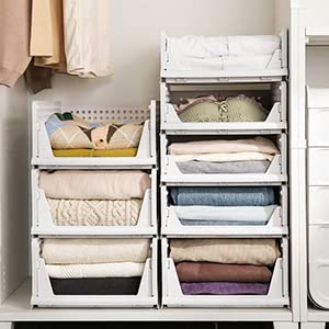 4 Pack Closet Basket Shelf Storage Bins Plastic Super Large Capacity Collapsible Kid Toy Rack White for Kitchen Cabinets, Pantry, Offices, Bedrooms, Bathrooms