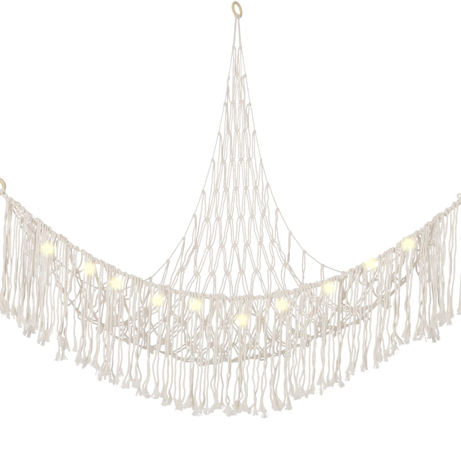 63" x 63" x 51.2" Boho Stuffed Animal Toy Hammock Macrame Large Corner Mesh Toy Storage Hanging Wall Toys Organizer with Light for Bedroom Decor