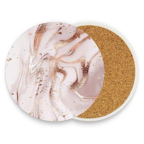 Coasters for Drinks Set of 2 Pieces Absorbent Ceramic Coasters with Cork Base, Marble Rose Gold Texture Coffee Coaster Great Gift for Table, Housewarming, Birthday, Kitchen, Home Decor