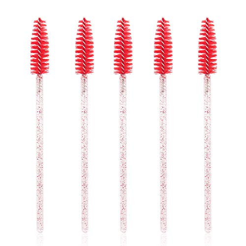 300 Pack Disposable Mascara Wands for Eyelash Extensions Eye Lash Applicators Makeup Brushes Tool kits, Crystal Red Handle- Red