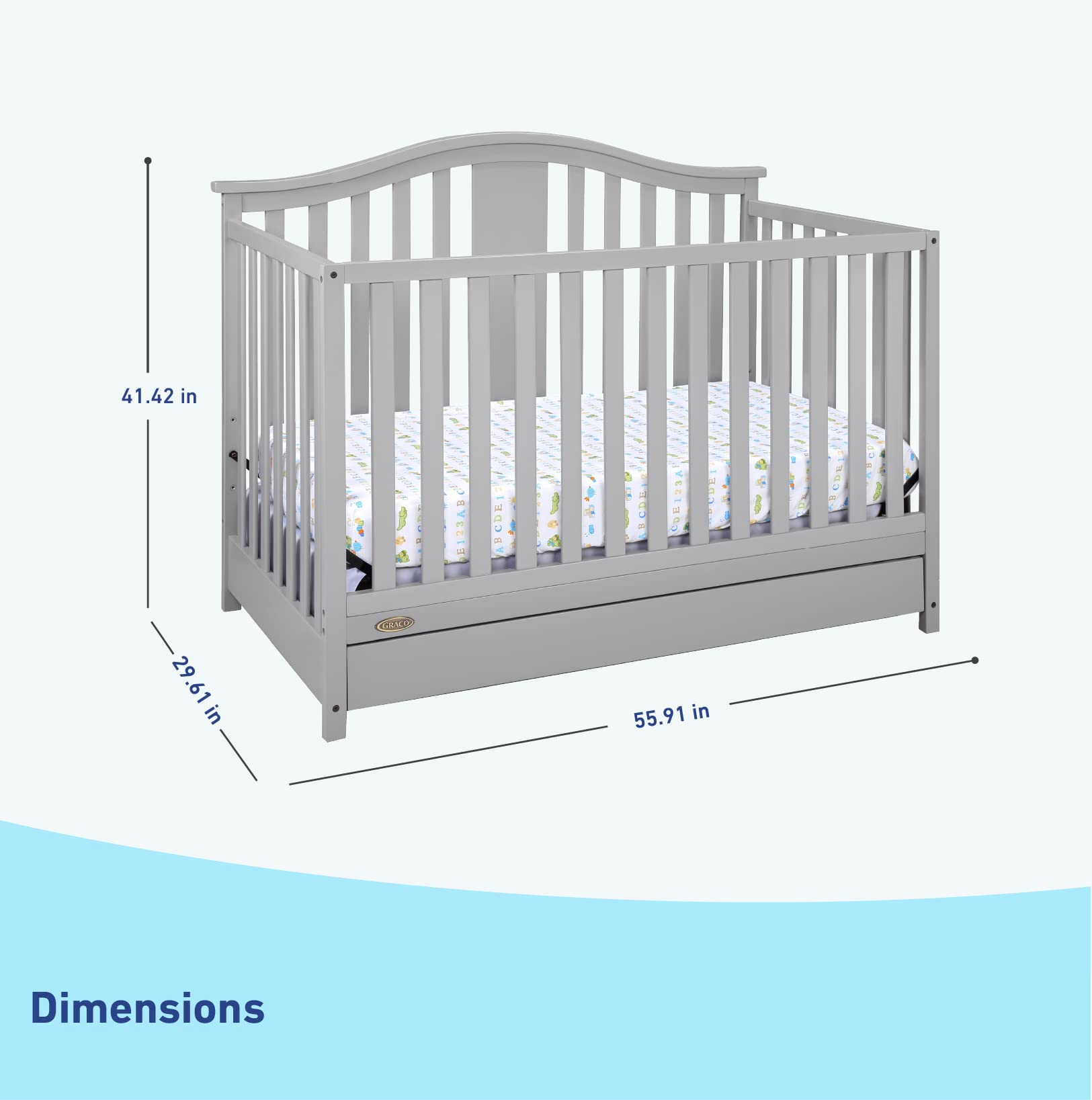Graco Solano 4-in-1 Convertible Crib with Drawer (Pebble Gray) – GREENGUARD Gold Certified, Crib with Drawer Combo, Includes Full-Size Nursery Storage Drawer, Converts to Toddler Bed and Full-Size Bed
