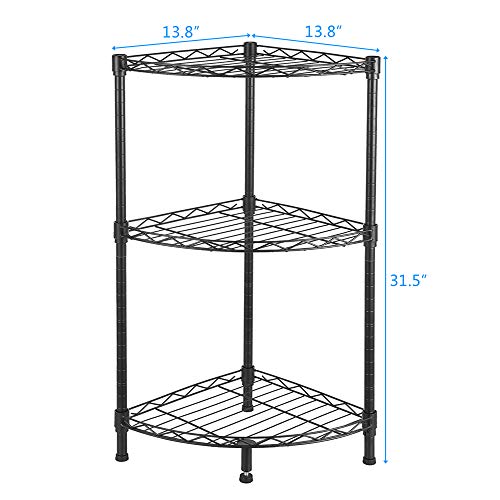3-Tier Corner Wire Shelving - Black - Heavy Duty Shelf - Adjustable Rack Unit (US Stock)