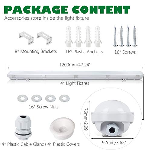 BRILLIHOOD LED Vapor Tight 4FT Light Fixture, 40W, 5000LM, IP65 Waterproof Shop Light, 6000K Bright White, Milky Lens, Outdoor Vapor Proof Lighting, 4-Pack