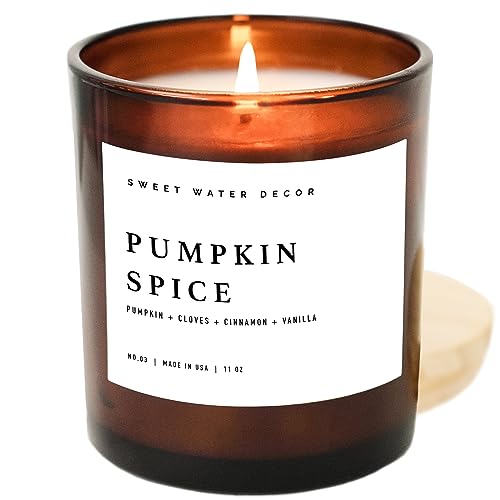Sweet Water Decor Pumpkin Spice Candle - Fall Candles with Pumpkin, Clover, Cinnamon & Vanilla Scent for Home - Pumpkin Candle with 50 Hours Burn Time - 11Oz Wood Lid Amber Jar Pumpkin Soy Candles
