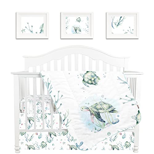 3PCS Crib Bedding Set Baby Minky Blanket Nursery Bed Skirt Set for Baby Girls & Boys(Green sea Turtle,3pc Set)