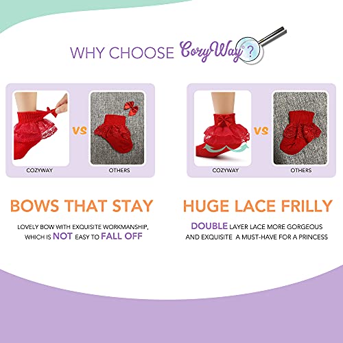 CozyWay Toddler Socks Lace Ruffle Baby Girl Socks Frilly Eyelet Trim Ankle Dress Socks 0-6 Months Multi Color - 6 Pack