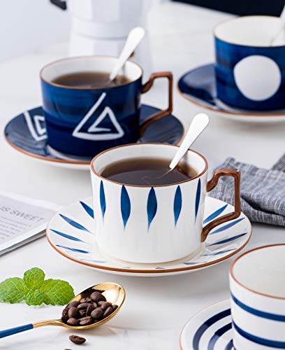 Jusalpha Japanese style hand printed- 7oz Fine China Tea Cup/Coffee Cup With Spoon and Tray/Saucer Set, Tableware, Serve of 4, TCS25