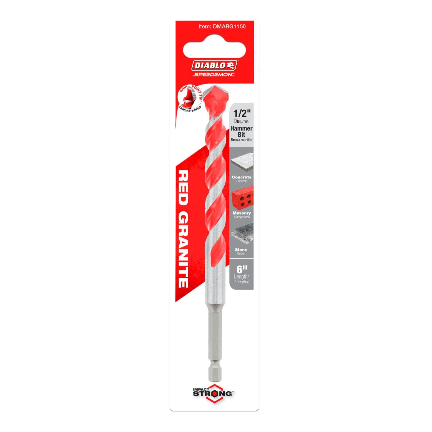Diablo SPEEDemon Red Granite Carbide Tipped Hammer Drill Bit for Concrete, Masonry and Stone - 1/2" Diameter, 6" Length, 4" Working Length - DMARG1150