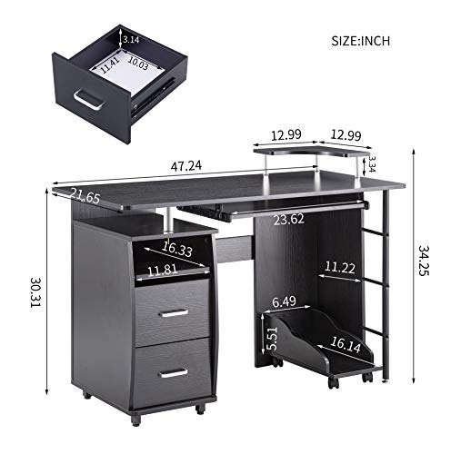LXBB Home Office Computer Desk with Drawers and Pull-Out Keyboard Tray,Multi-Functions Desk with Pedestal,Study Writing Desk,Computer Workstation,Black