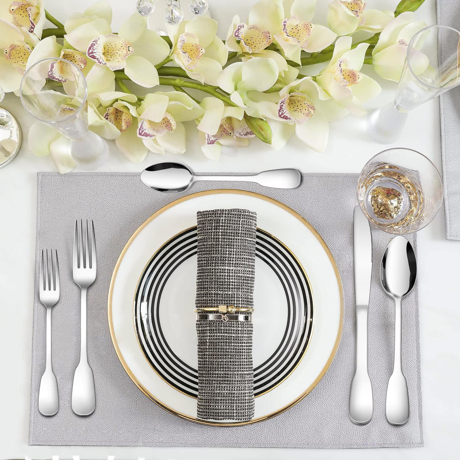 18/10 Silverware Set, E-far 60-Piece Stainless Steel Flatware Cutlery Set Service for 12, Metal Tableware Eating Utensil Sets for Home/Restaurant/Wedding, Elegant & Classic Style - Dishwasher Safe