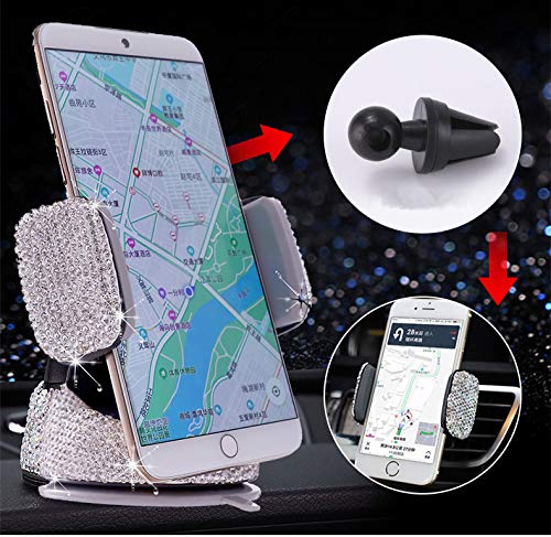 Bling Crystal Car Phone Mount with One More Air Vent Base, Universal Cell Phone Holder for Dashboard,Windshield and Air Vent. (Sliver)