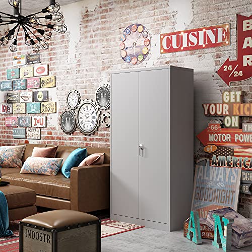 Aobabo Metal Storage Cabinet with 2 Doors, 72”H×36”W×18”D Locking Steel Storage Cabinet for Office,Garage,Gray Storage Cabinets with 4 Adjustable Shelves,Assembly Required