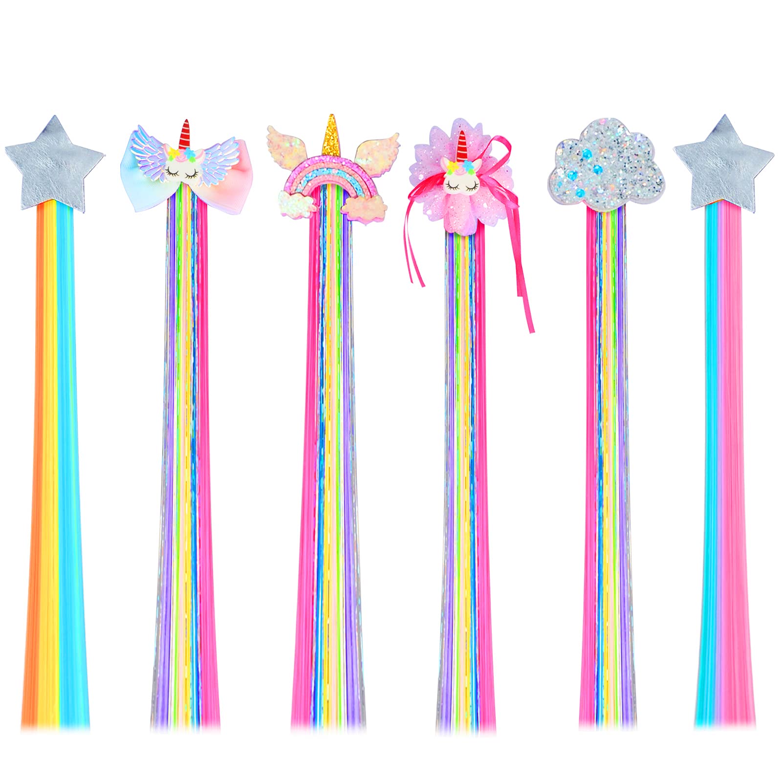 Little World Hair Clips for Girls, 6 Pcs Rainbow Hair Extensions, Unicorn Hair Clips for Girls Toddler Kids Ponytails, Hand-made Cute Glitter Hair Accessories