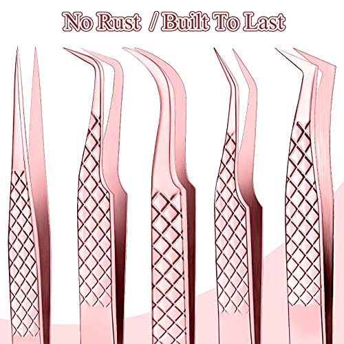 5 Pieces Eyelash Extension Tweezers Set Straight and Curved Tip False Lash Tweezers Eyelash Volume Tweezers Stainless Steel Precision Tweezers for Eyelash Extension (Rose Gold)