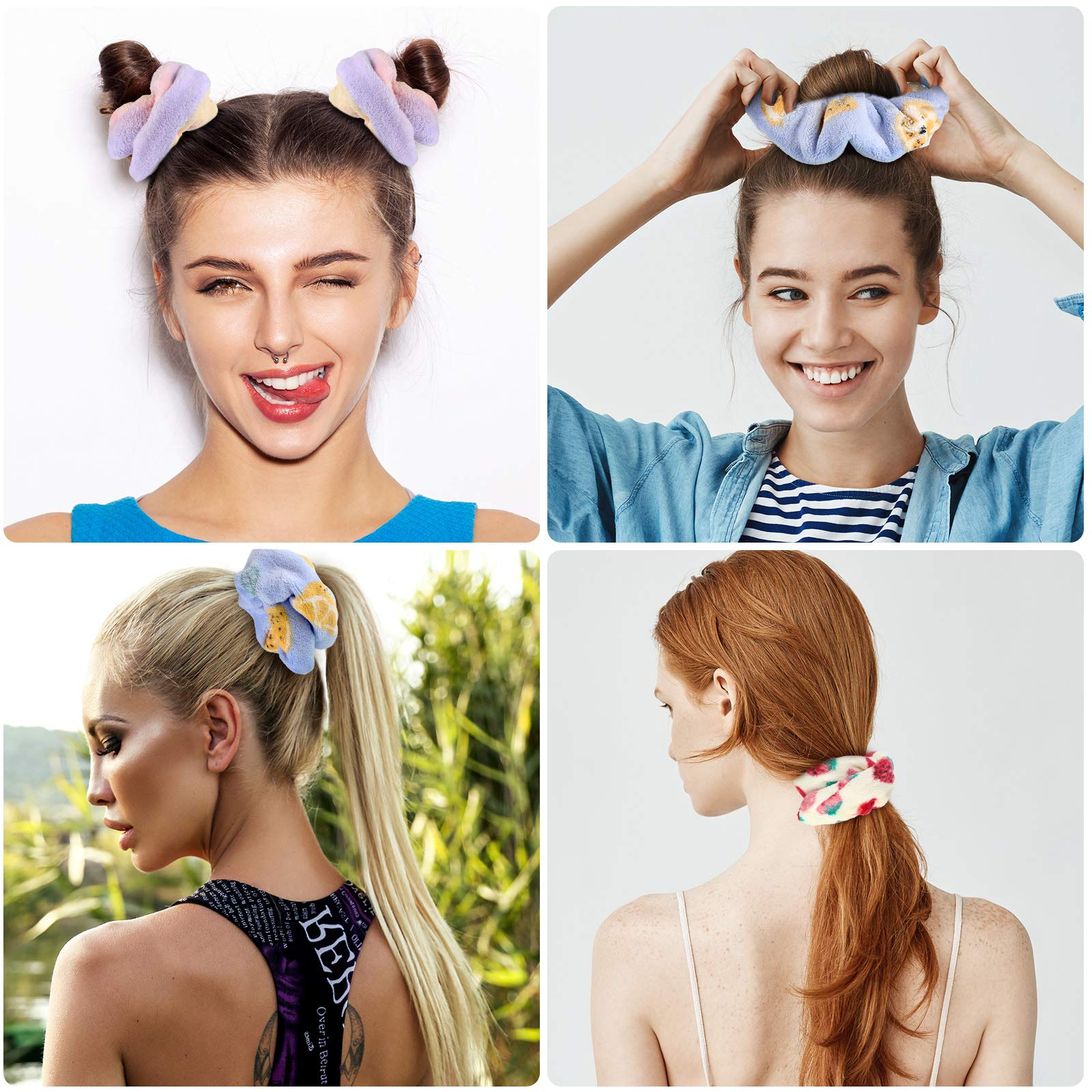 4 Pieces Large Soft Microfiber Hair Towel Scrunchies with Fuzzy Fruit-Shaped Pom Poms - Ponytail Holders for Wet and Dry Hair Styling Accessories for Women