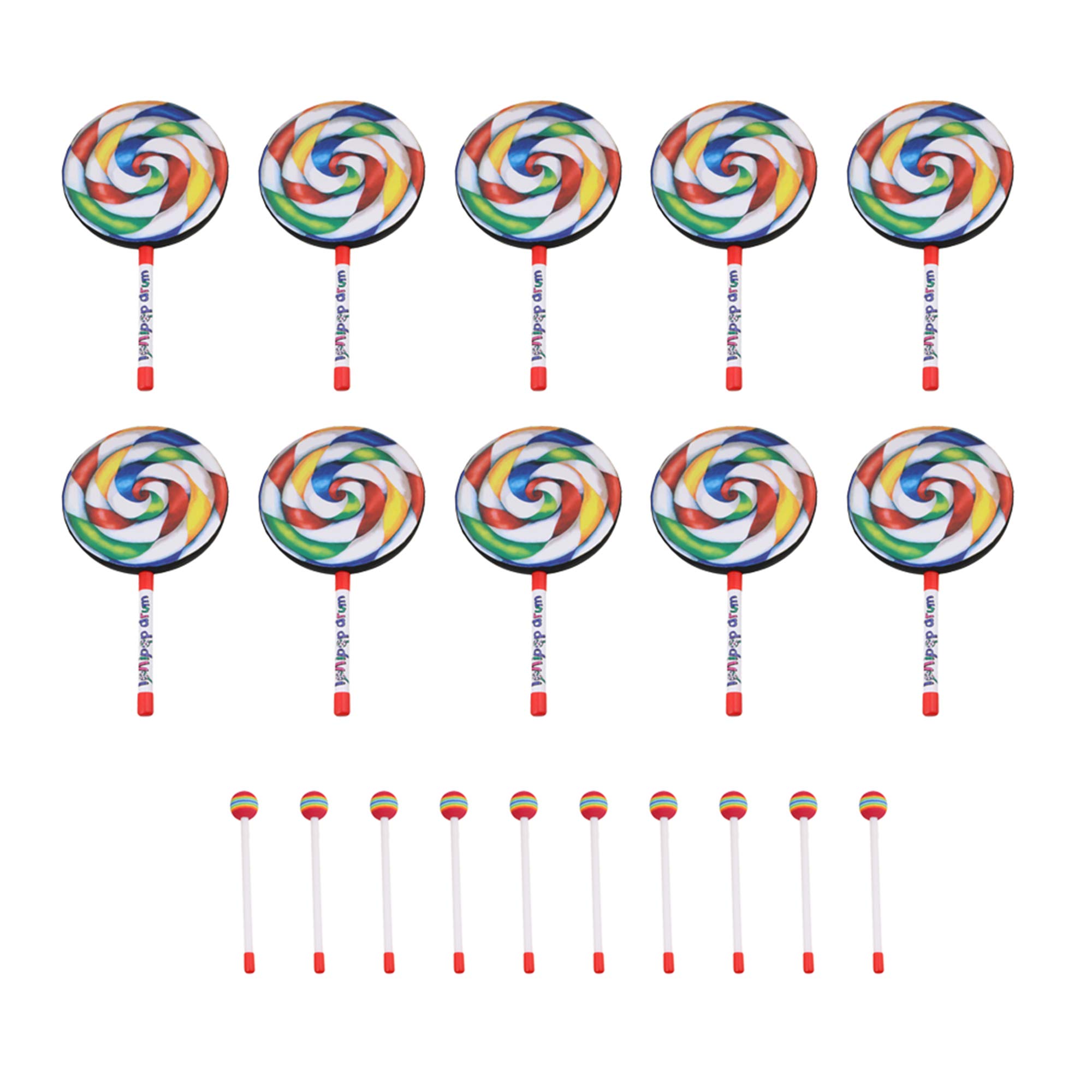 10pcs Multicolor Lollipop Shape Percussion Hand Drum Dia 20cm with Hammers