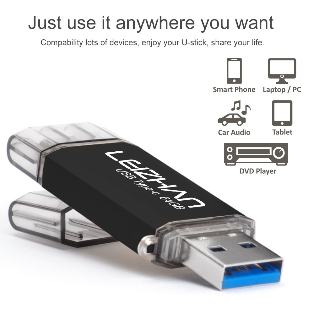 leizhan 64GB USB C Flash Drive USB 3.0 Type C Dual Jump Drive Memory Stick for USB C Smartphones, Samsung Galaxy S10,S9, Note9, S8, S8 Plus, LG G6, Google Pixel XL, Tablets,Black