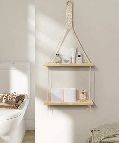 Afuly Macrame Hanging Shelves Wall Floating Shelf Natural Wood Chic Boho Decor 2 Tiers Pine Wood Cotton Rope Beige for Bedroom Bathroom Living Room Decor Ready to Hang, Beige